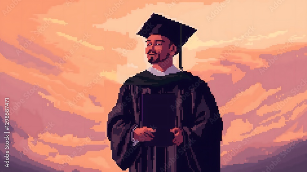Graduate Student in Cap and Gown Against Sunset Sky Pixel Art Portrait ...