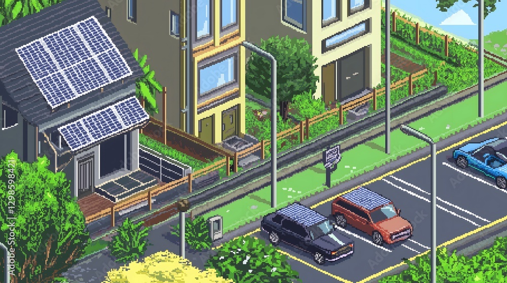 Sustainable Urban Living Pixel Art with Solar Panels Electric Car ...