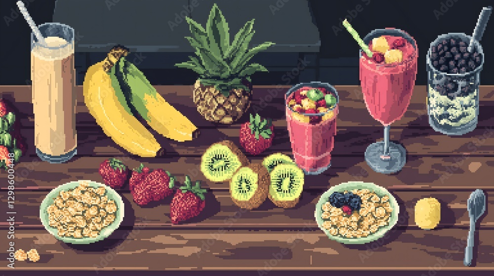Pixel Art 8-bit Retro Style Assorted Fruit Smoothies with Fresh ...