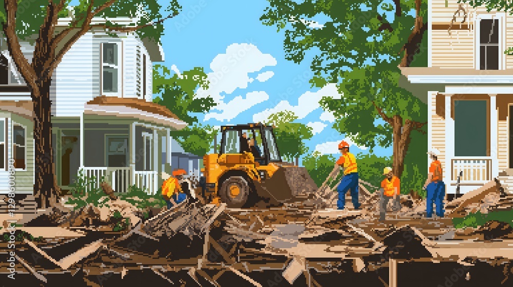 Pixel Art Disaster Zone with Construction Equipment and Demolished ...