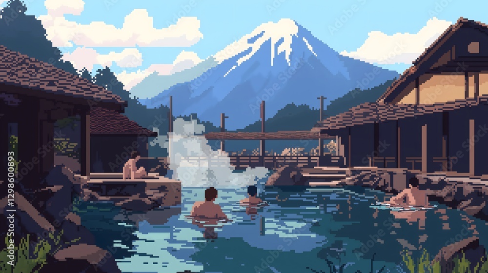 Pixel Art Hot Springs Resort with Mount Fuji in Background and Relaxing ...