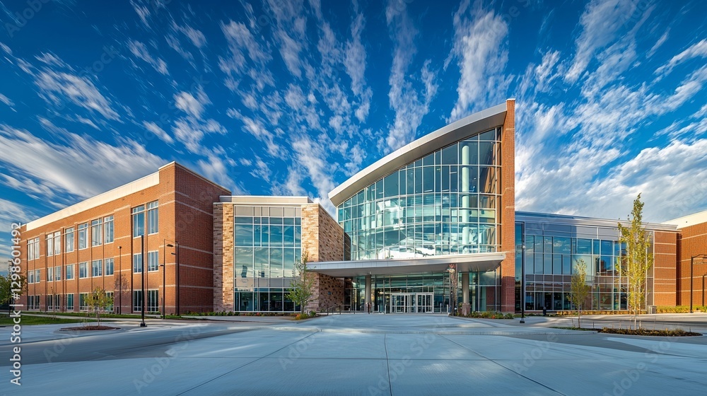 The exterior of a school building in the United States, shown in ...