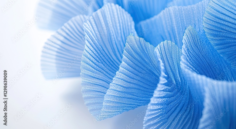 Blue 3D printed fan sculpture with intricate filament texture on white ...