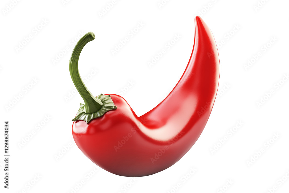 Glossy red chili pepper with a curved shape and green stem isolated on ...