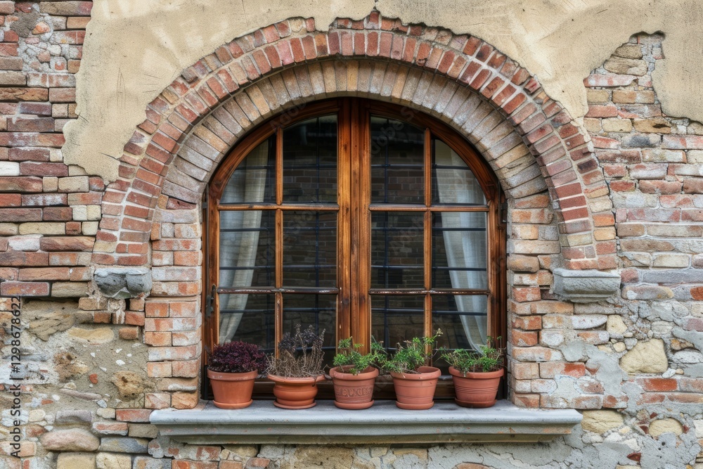 Red brick wall and arched window of classical european building in Rome ...