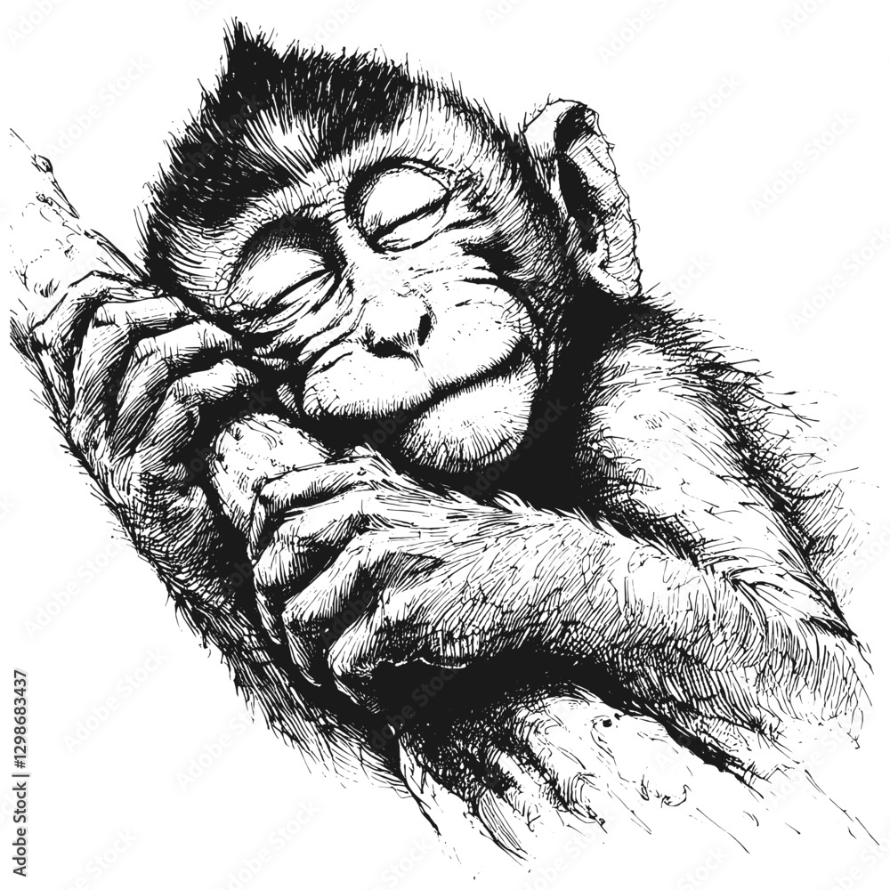Monkey sleeping line art drawing ink sketch vector hand drawn ...