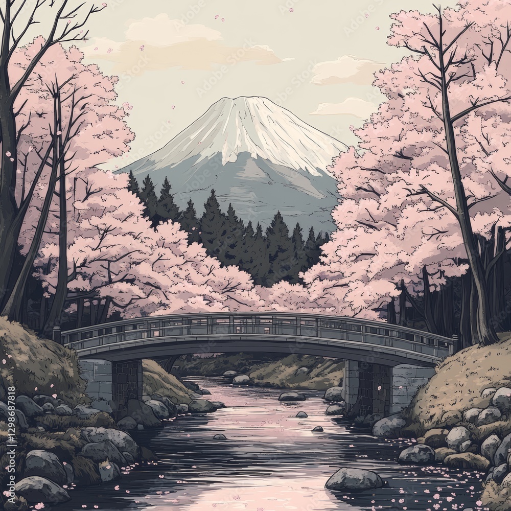 A fantasy landscape of Mount Fuji with a bridge and cherry trees is ...