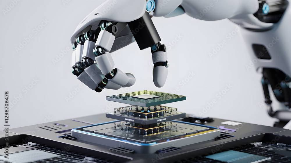 Robotic Hand Assembling Circuit Processor Module AI. A robotic hand ...