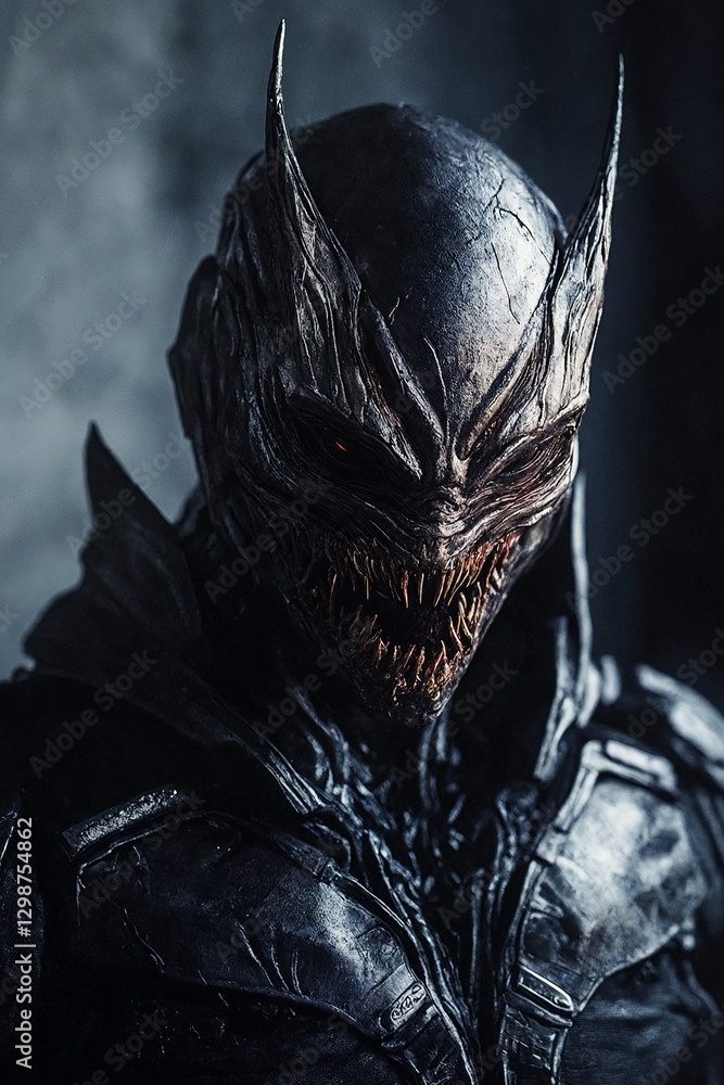 Un ominoso personaje con una armadura oscura y rostro aterrador ...