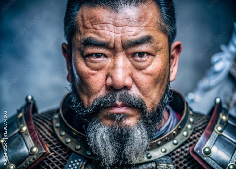 Epic portrait of middle-aged east asian man in samurai-inspired attire ...