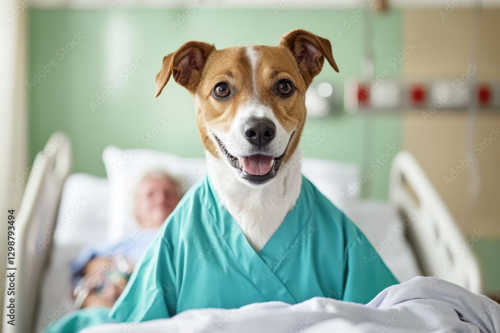 Caring dog in a nurses uniform spreads joy in a hospital room while ...