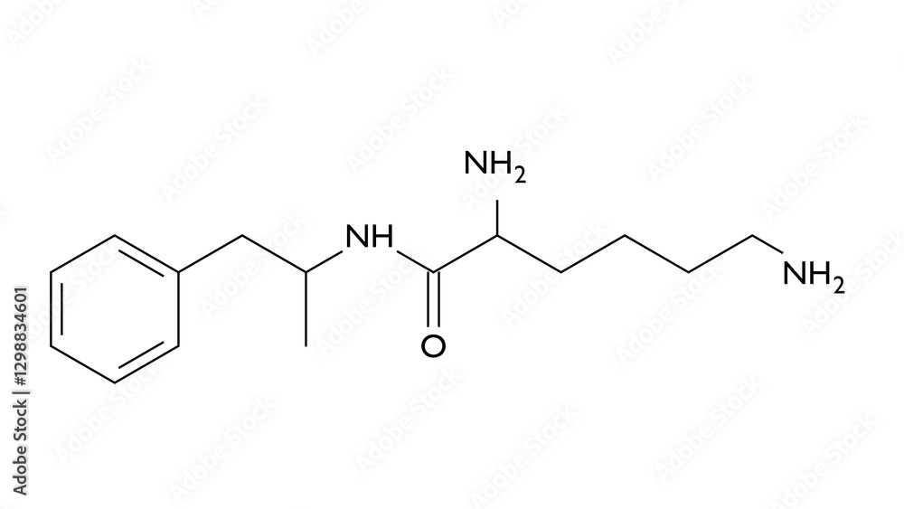 lisdexamfetamine molecule, structural chemical formula, ball-and-stick model, isolated image ...