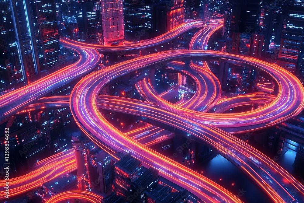 Futuristic city highway with glowing neon light trails, intertwining ...