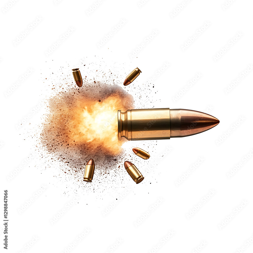 Flying fired bullet with gunpowder explosion and shell casings isolated ...