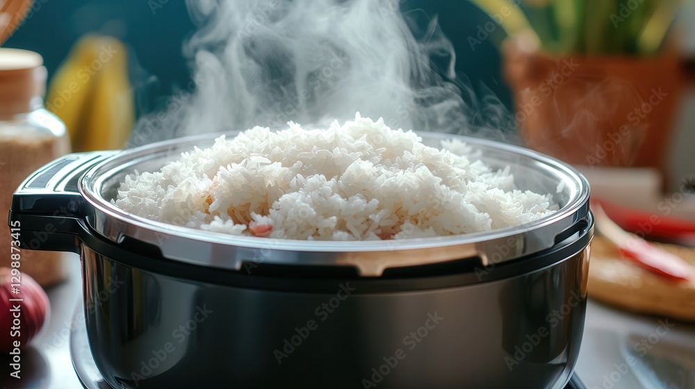 Slow cook rice: Easy cooking. Steaming rice in a modern rice cooker on ...