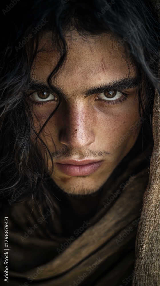 Portrait of David, a young shepherd with expressive eyes. Biblical ...