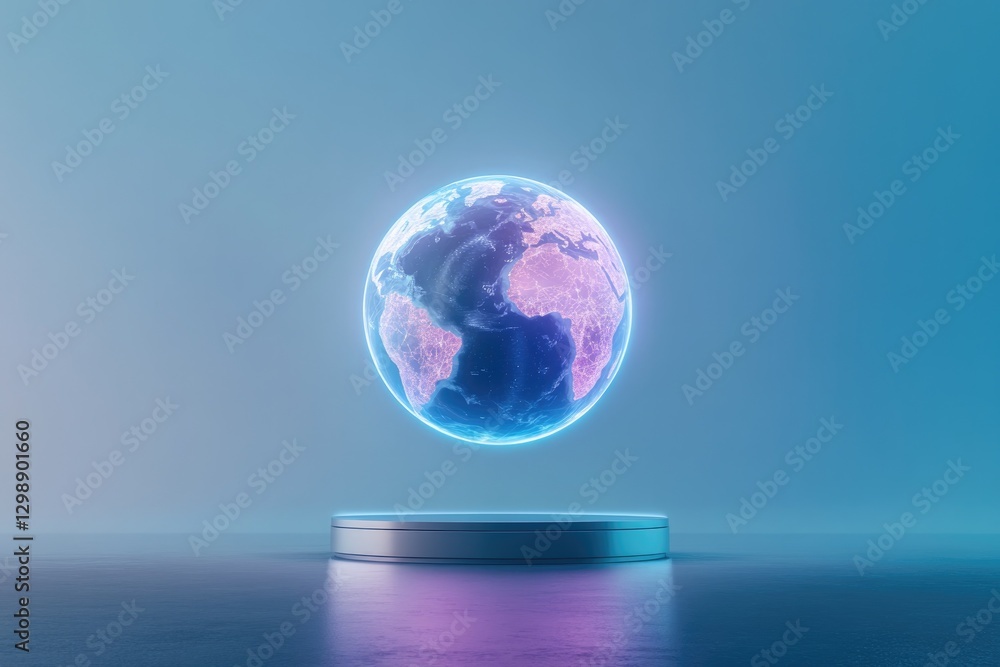 minimalistic stock photo of holographic globe floating above sleek ...