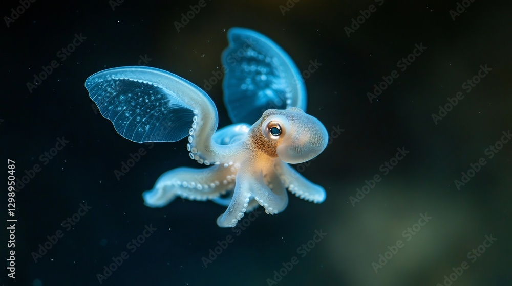 Tiny Dumbo Octopus flapping its ear like fins as it hovers in the deep ...