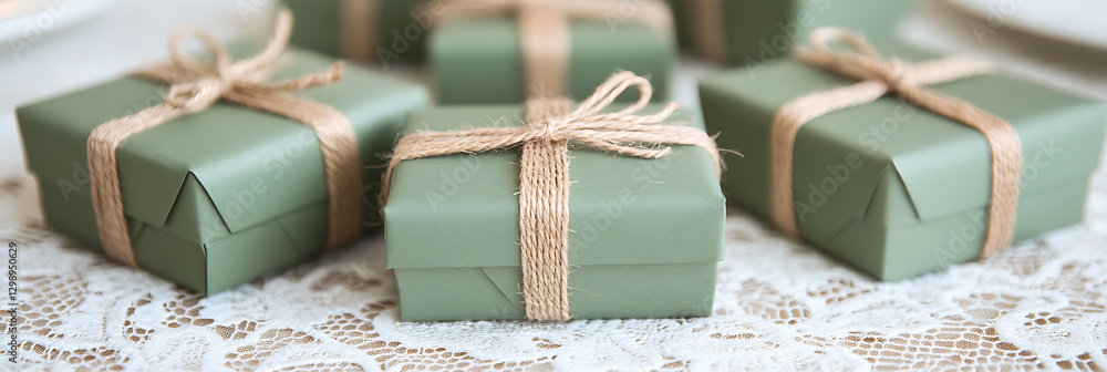 Olive green wrapped presents with jute string on lace cloth. Presents ...