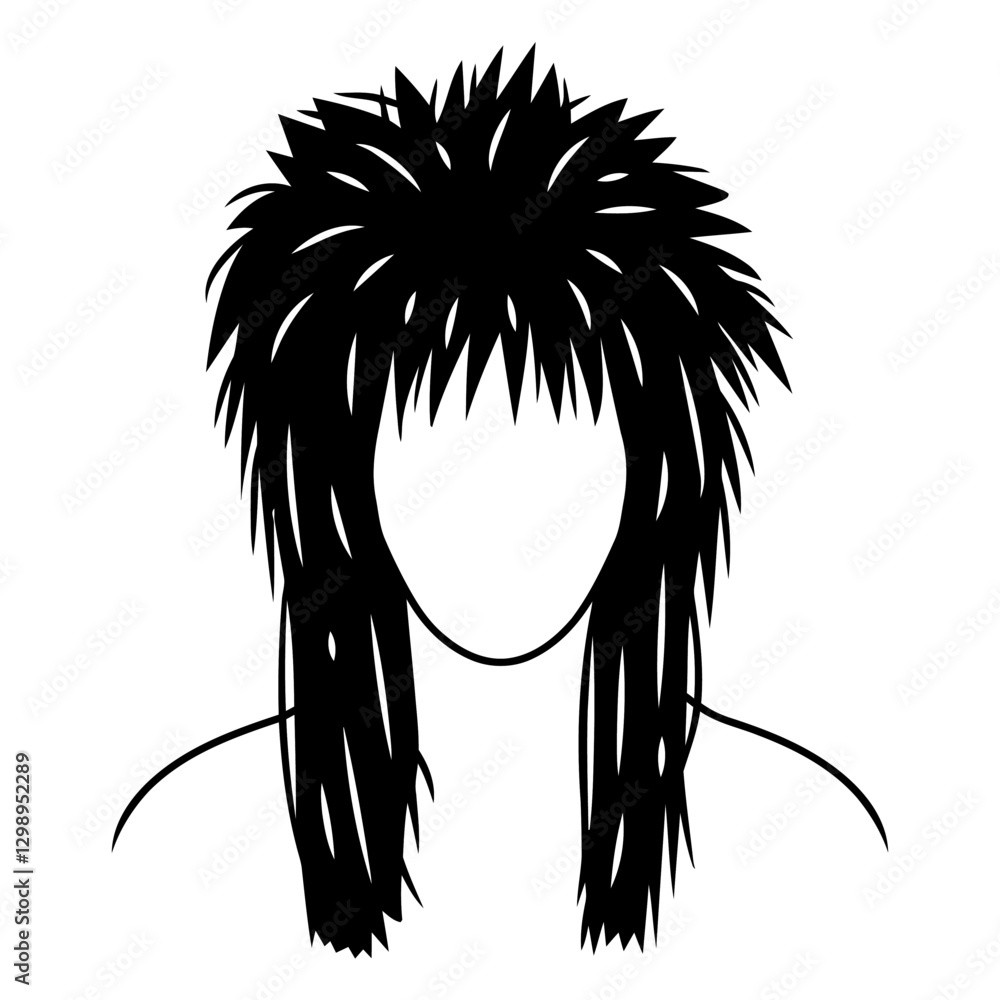 Mullet Hairstyle Icon: A detailed, minimalist silhouette of a mullet ...