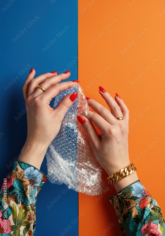 Woman with vibrant red nails and stylish gold jewelry popping bubbles ...