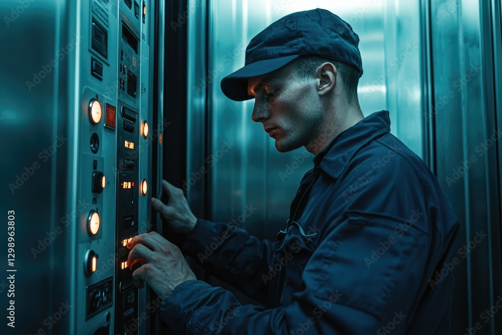 An elevator technician inside a skyscraper shaft, adjusting control ...