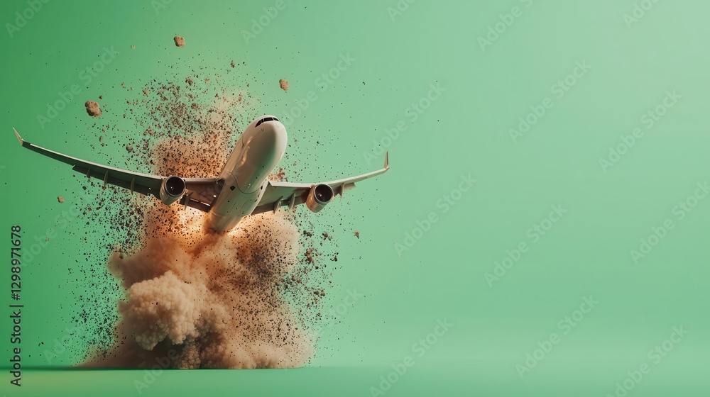 Exploding airplane fuel tank midair, fireball expanding outward, green ...
