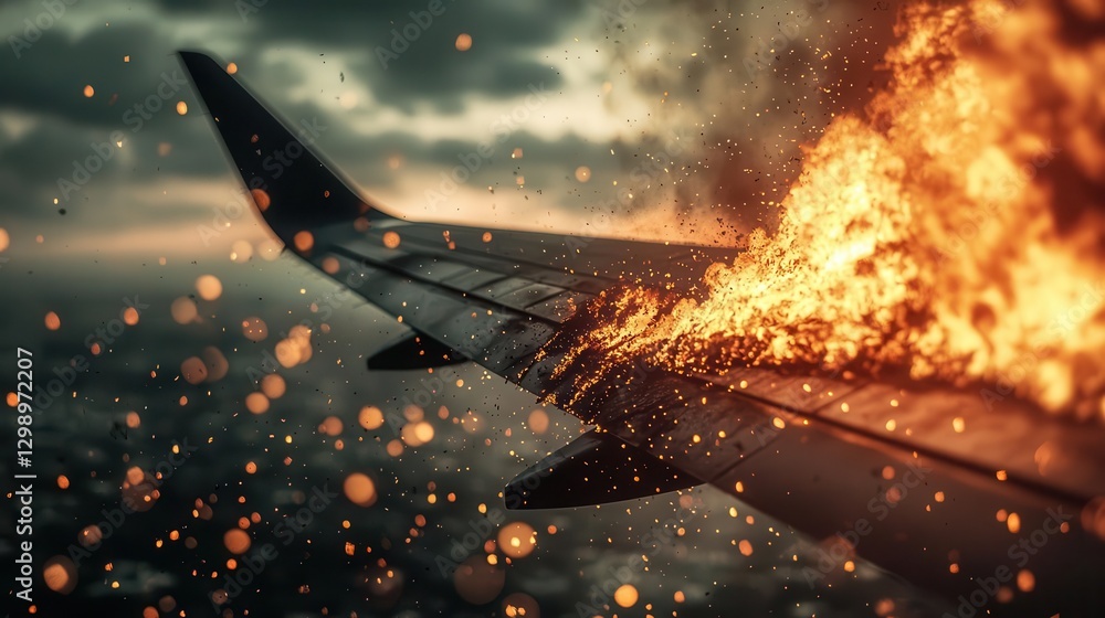 Passenger plane wing engulfed in flames, losing altitude rapidly, green ...