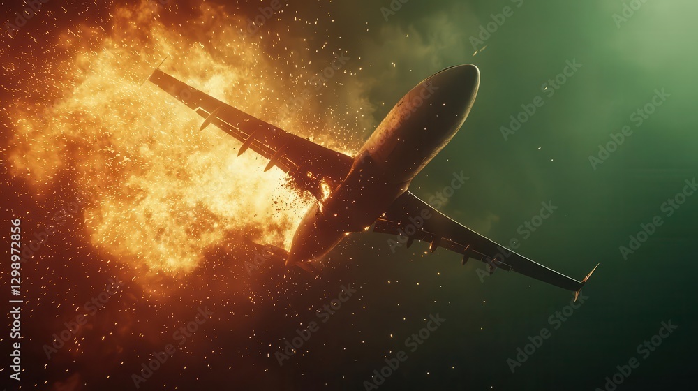 Airplane wing breaking off during turbulence, sparks and flames, green ...