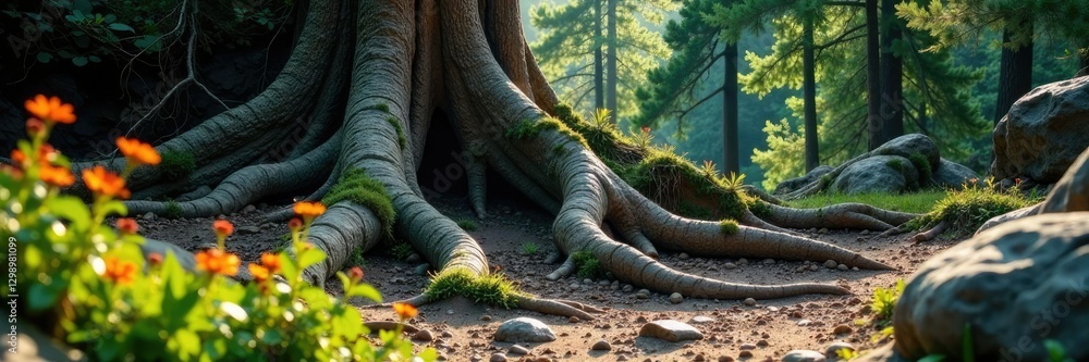 Ancient tree roots tangled in rocky outcropping, roots, wildflowers ...
