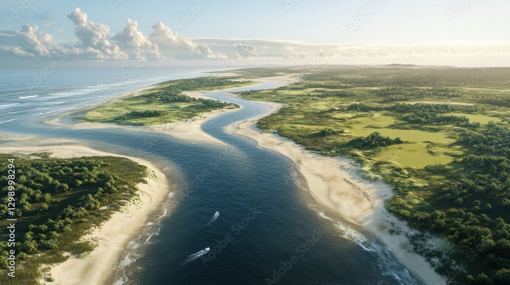 Aerial view of a coastal river system with meandering channels, sandy ...