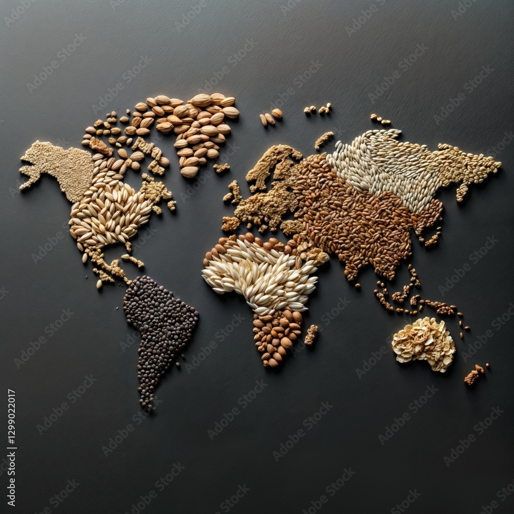 world food day concept. world map with grains and seeds of the world ...