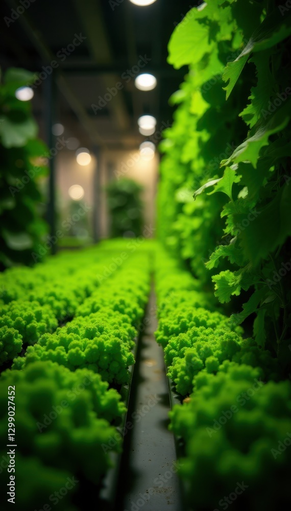Glowing vertical farm, lush greens under precise climate control ...