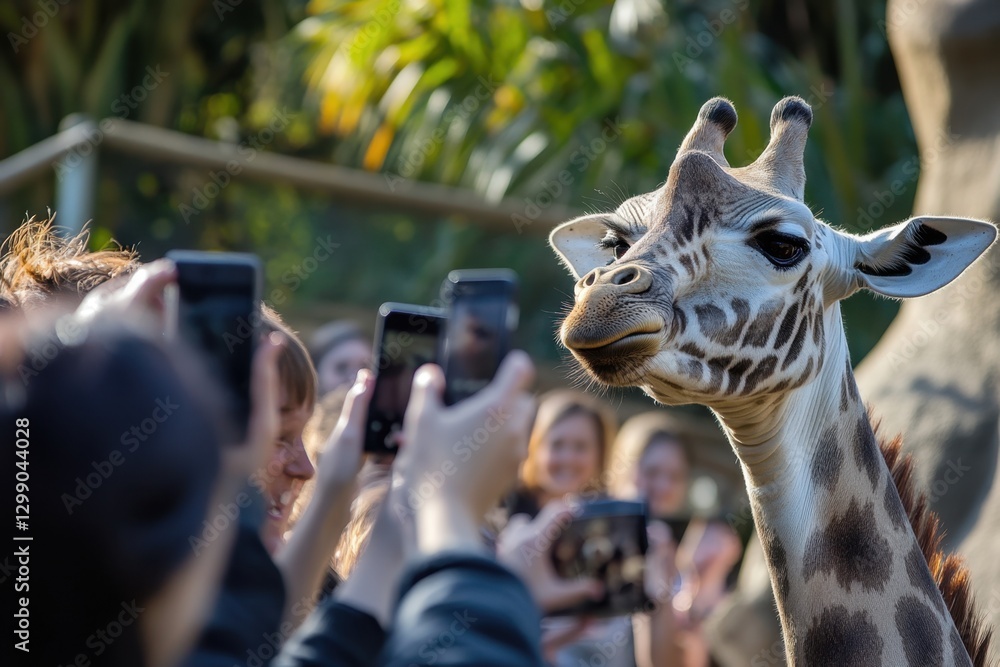 Giraffe being photographed by a crowd of people. The long-necked animal ...