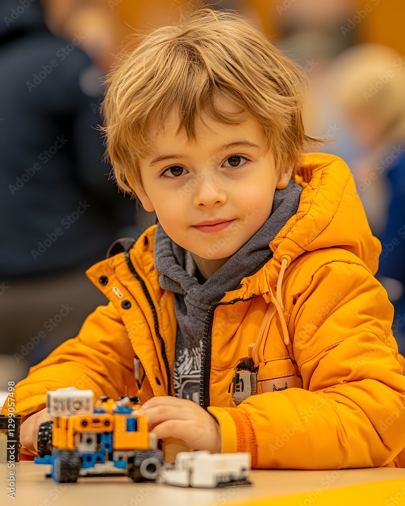 Curious young boys engaged in robotics learning, assembling a ...