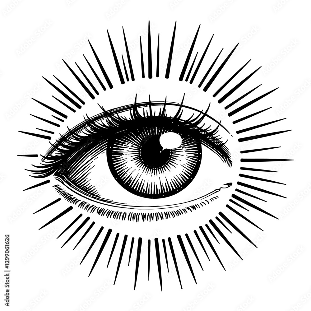 All Seeing Eye with Sunburst Effect Black and White Outline Line Art ...