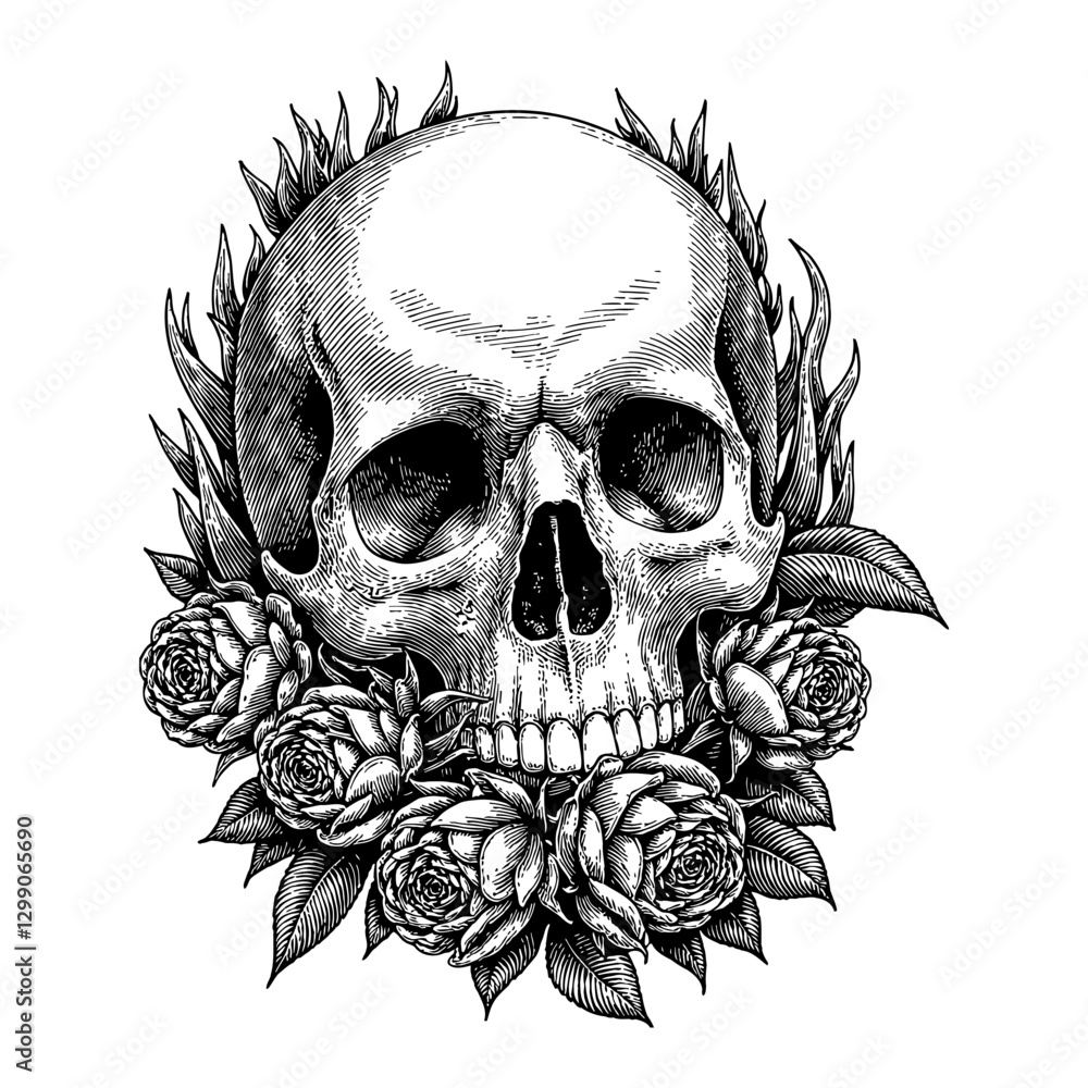 Skull and Roses Flower overgrowth Detailed Black and White Outline Line ...