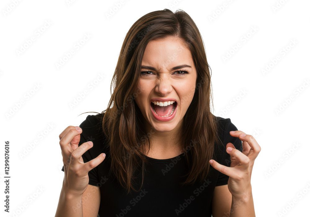 Angry and pissed-off girl screaming, shaking hands and grimacing ...