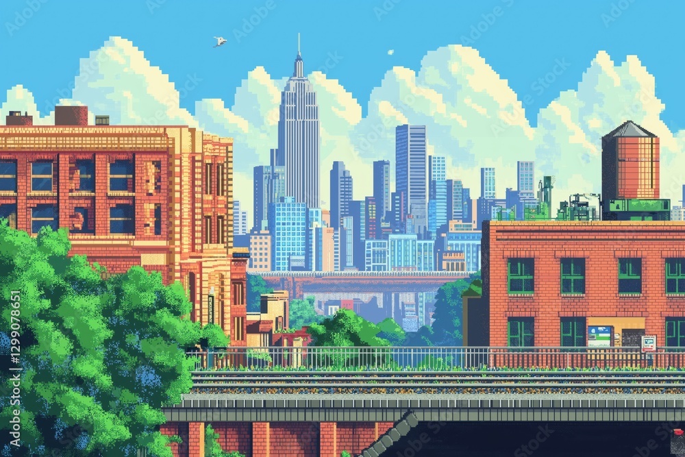 Classic 1980s pixelated video game with bright colors and side ...