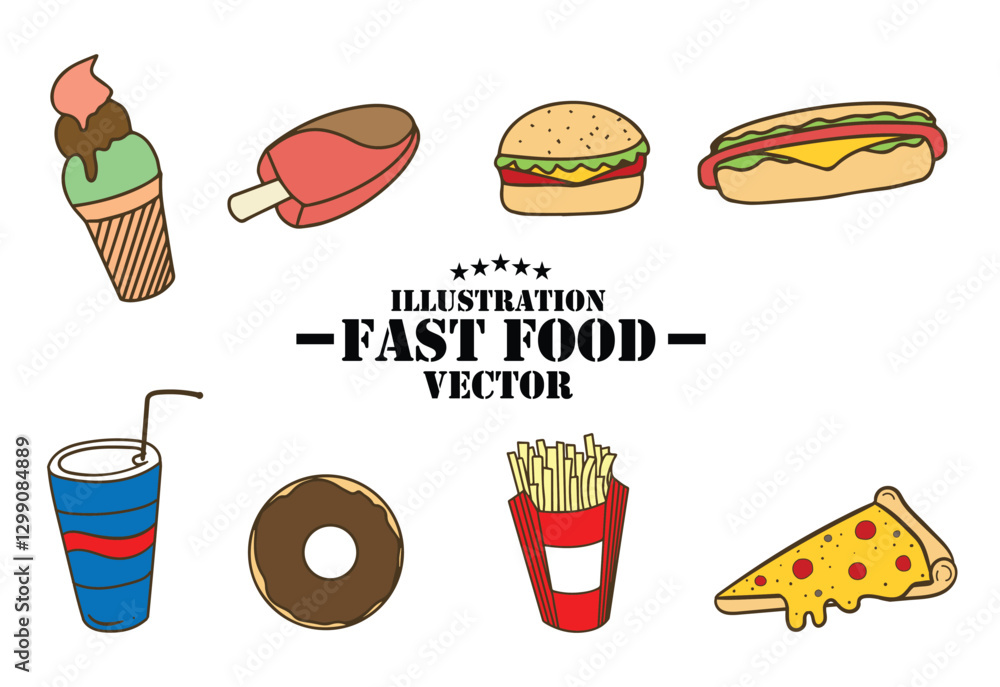 illustration fast food cartoon vector full color, types of unhealthy ...