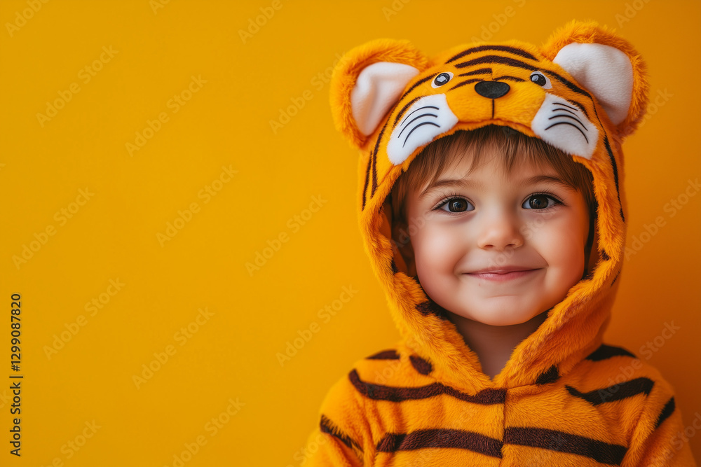 Cute young boy dressed as a tiger for Halloween on an orange background ...
