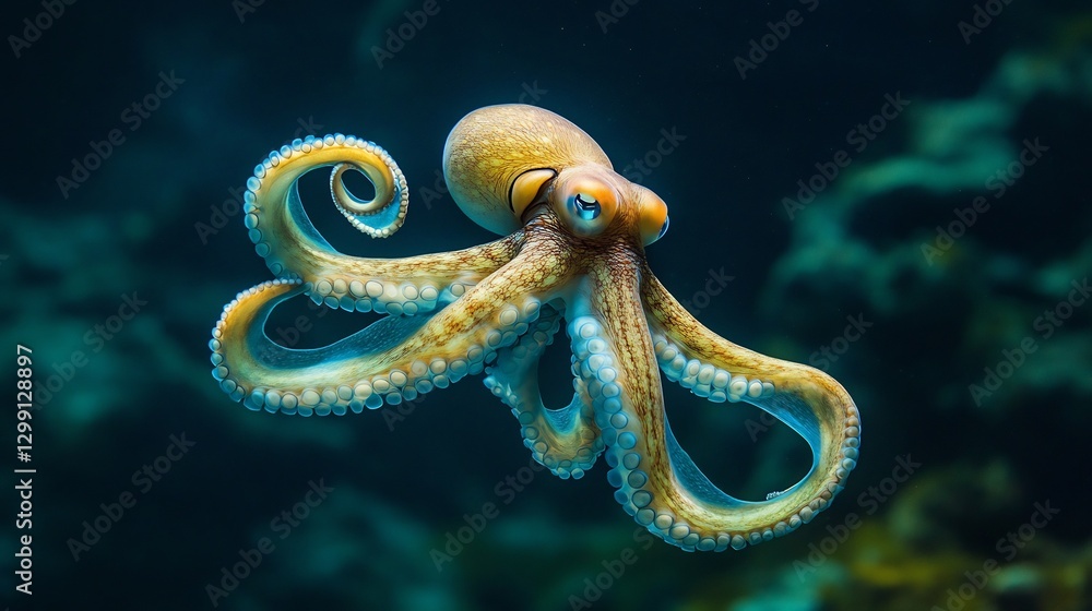 Rare Seven arm Octopus swimming through the ocean depths its smooth ...