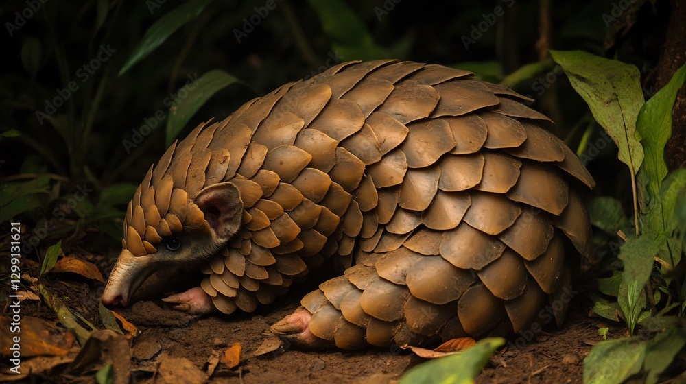 Rare Pangolin curled into a tight defensive ball its armored scales ...