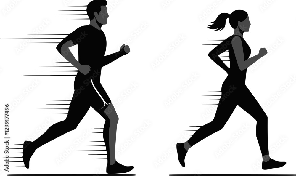 Stock-Vektorgrafik „Running man and woman, isolated vector silhouettes ...