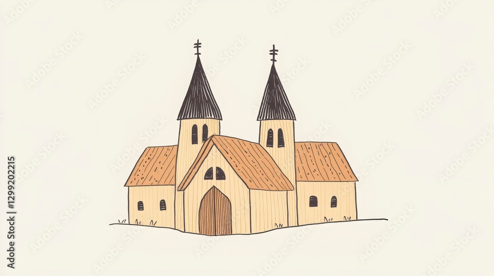 Tan Beige Pixel Art Church Illustration With Two Towers And Steeple ...