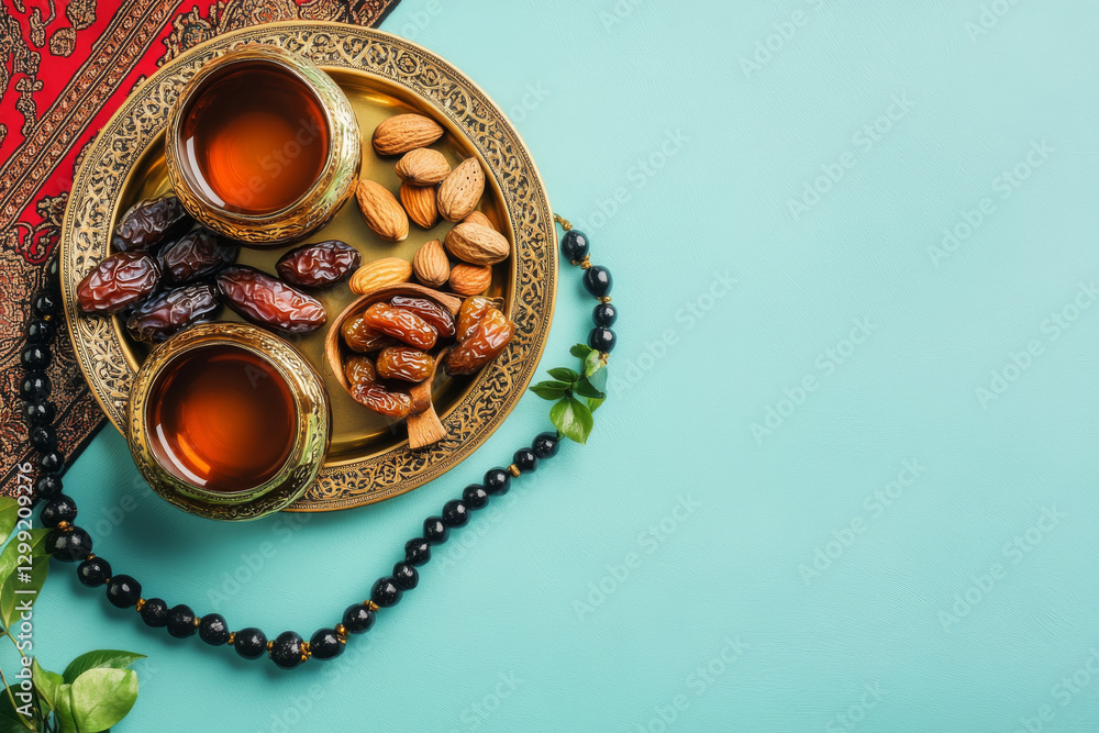 golden tray adorned with Muslim prayer beads, dates, and Arabic tea ...
