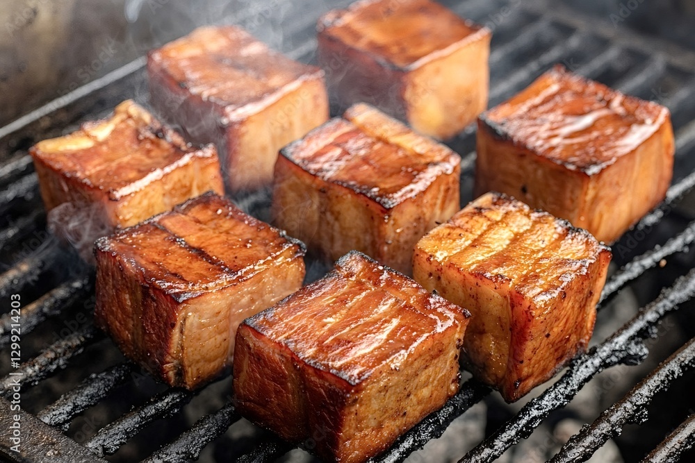 Delicious cubes of pork belly burnt ends sizzling on a hot grill ...