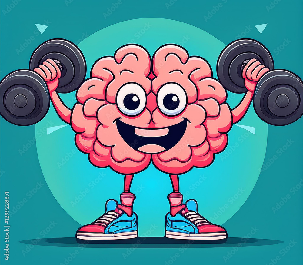 Cartoon brain lifting bells - shows mental health, strength and ...