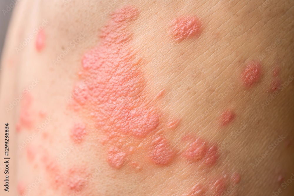 Close-up of red skin rash with blisters - A detailed close-up of an ...