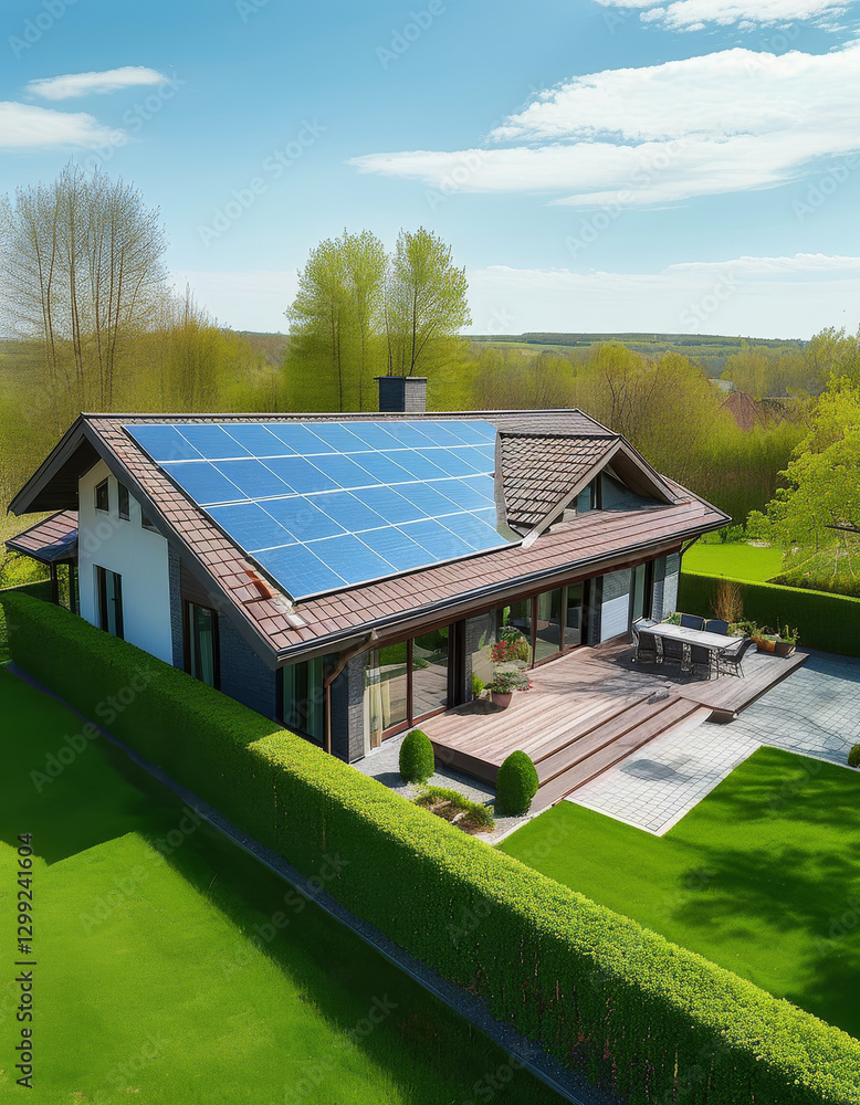 suburban house with solar panels in spring, sun beams, wide shots of ...